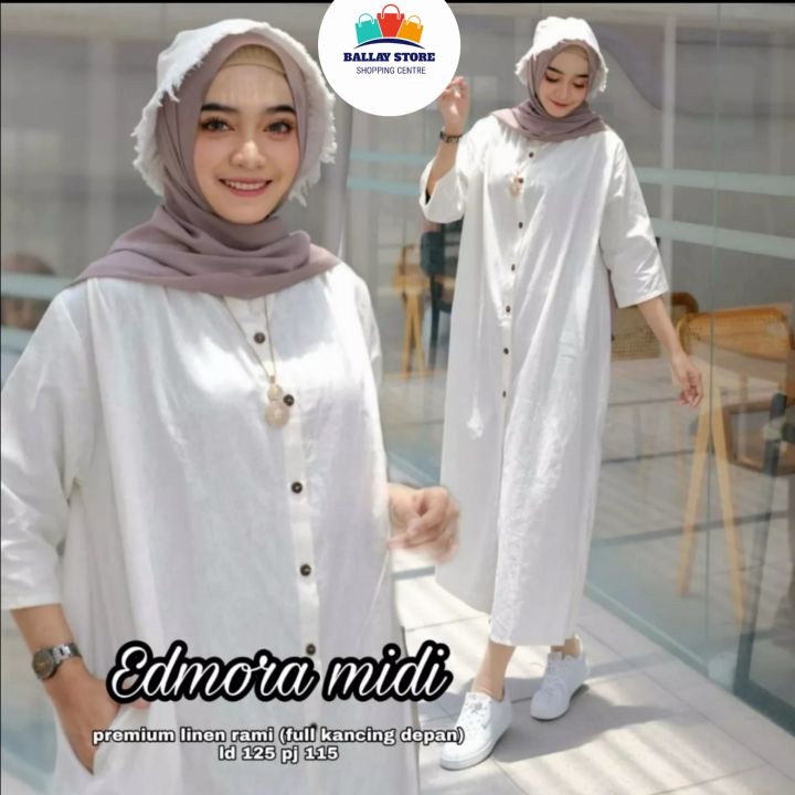 Edmora Midi Dress Baju Dres Long Tunik Linen Rami Premium Polos Kancing Depan Model Baru Fashion ...
