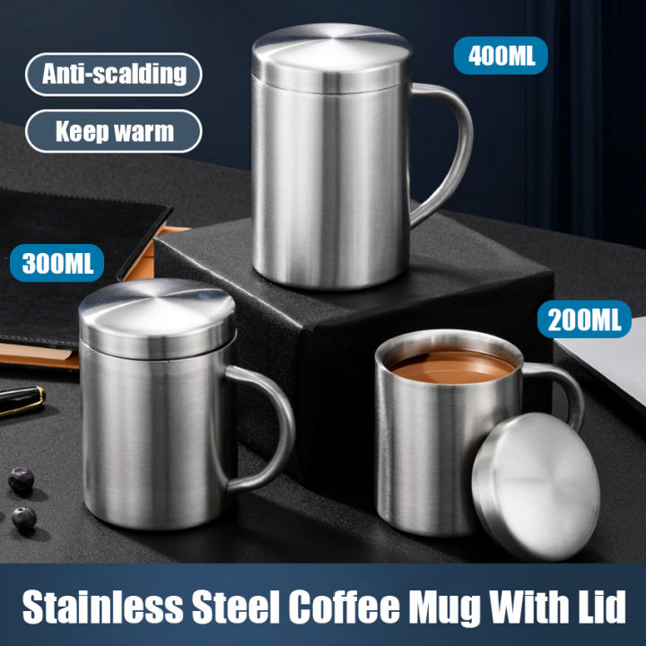 Kitchen Stainless Steel Coffee Mug Easy Grip With Lid Bar Double Wall ...