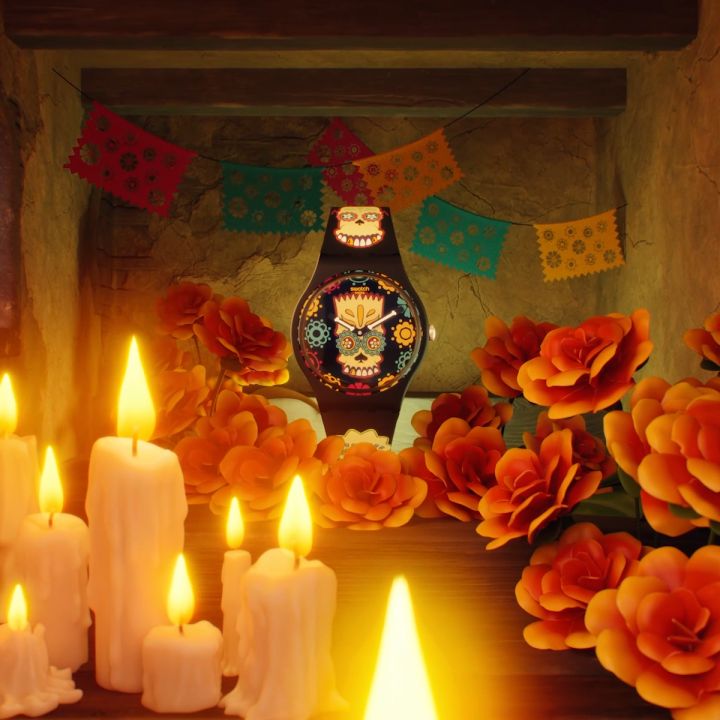 Swatch New Gent D'OH OF THE DEAD SO29Z135 Black Silicone Strap Watch ...