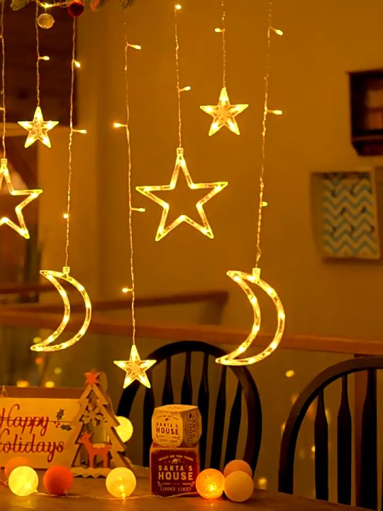 Lampu raya 2025 4Meter Star Moon lampu hiasan LED Fairy Light 8 Modes ...