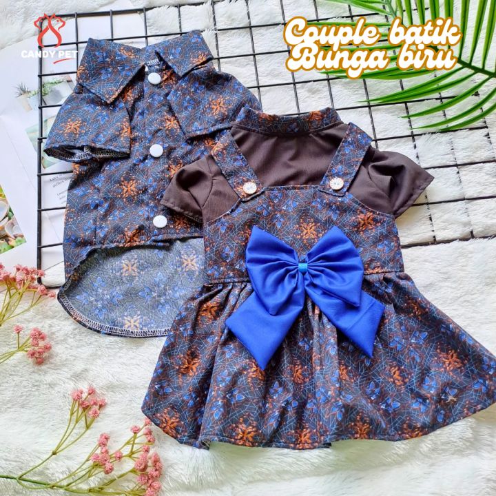 Baju kucing dan anjing couple batik bunga biru kemeja dan dress ...