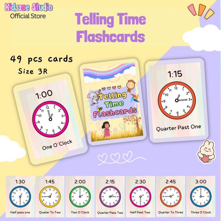 Telling time educational laminated flashcards for kids learning ...