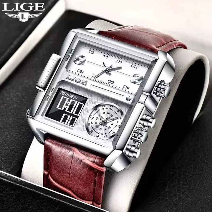 LIGE Exclusive Men Watch Fashion Dual Display Multi Function Leather ...