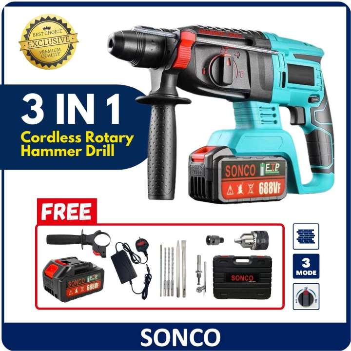 SONCO 688VF 3 in 1 Cordless Professional Rotary Hammer Drill Impact ...