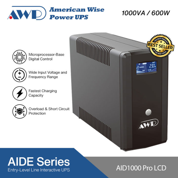 AWP AID1000 Pro Aide Pro LCD 600W-1000VA UPS with AVR Uninterruptible ...