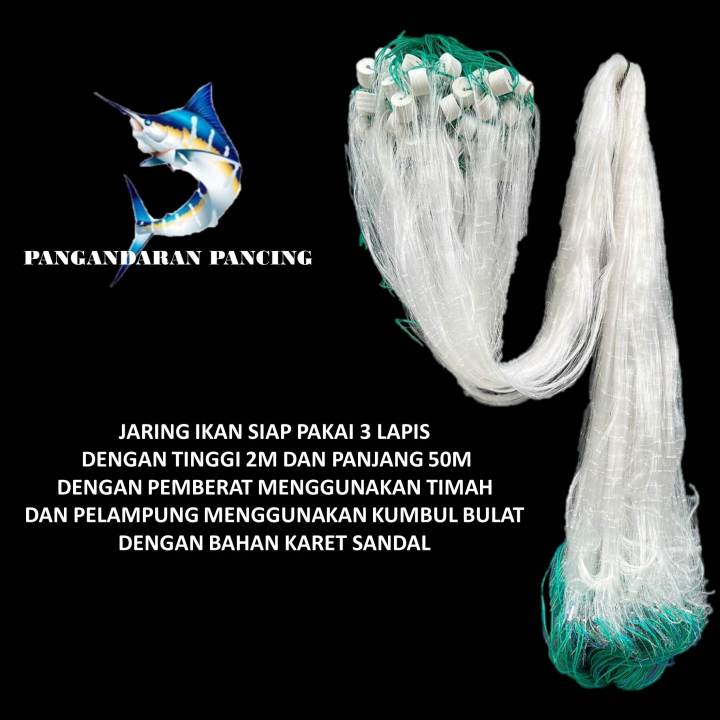 Jaring ikan siap pakai 3 lapis tinggi 2m panjang 50m pemberat timah ...