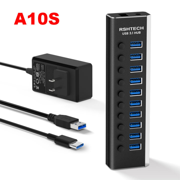 RSHTECH A10S Powered USB Hub 10 Port USB 3.1/3.2 Gen 2 Hub 10Gbps with ...