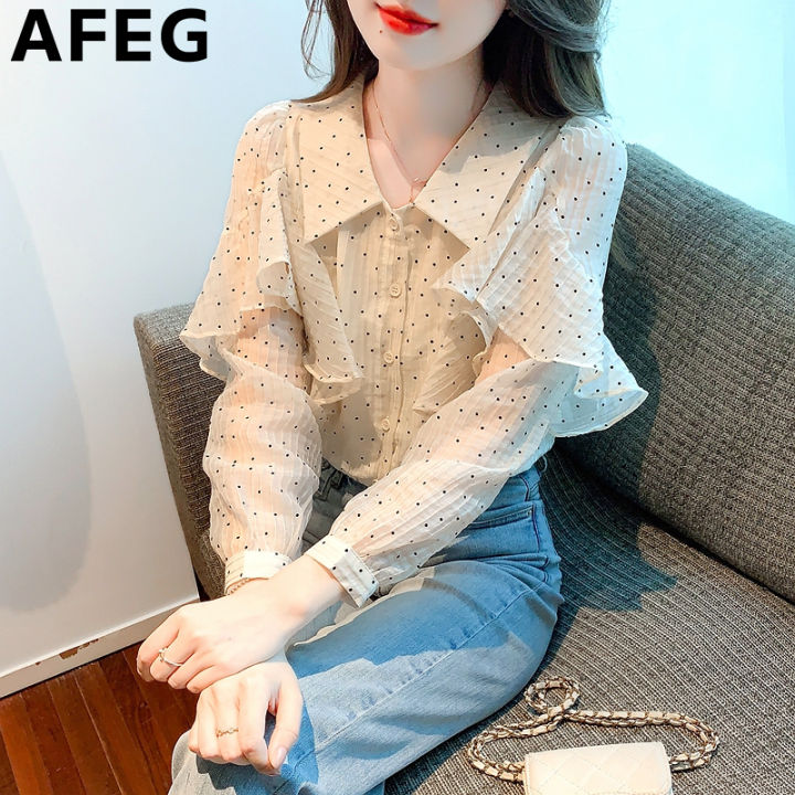 AFEG เวอร์ชั่นเกาหลีใหม่เด็กคอนัวเนียแฟชั่นอารมณ์หลวมลายจุดชีฟองเสื้อ ...