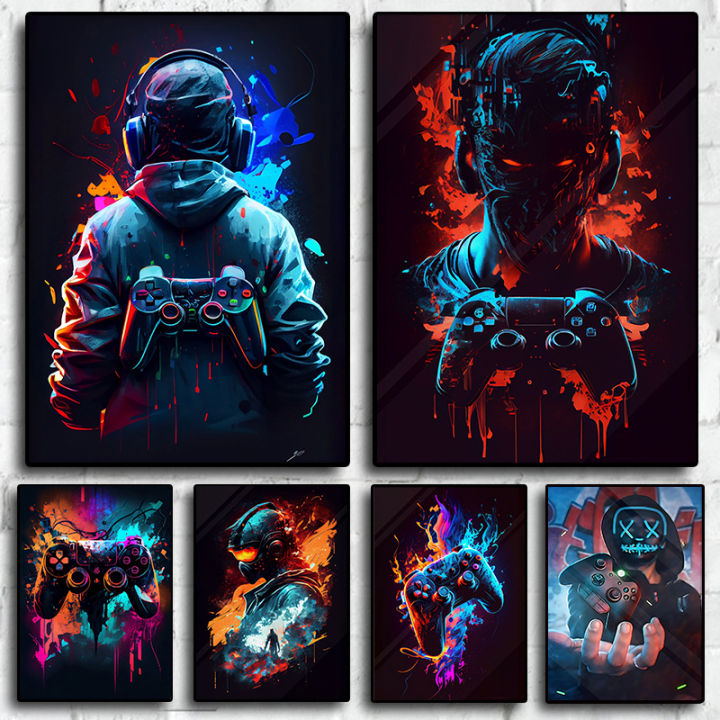 80s Colorful Punk Neon Gamer Controller Cool Gaming Poster for Wall Art ...