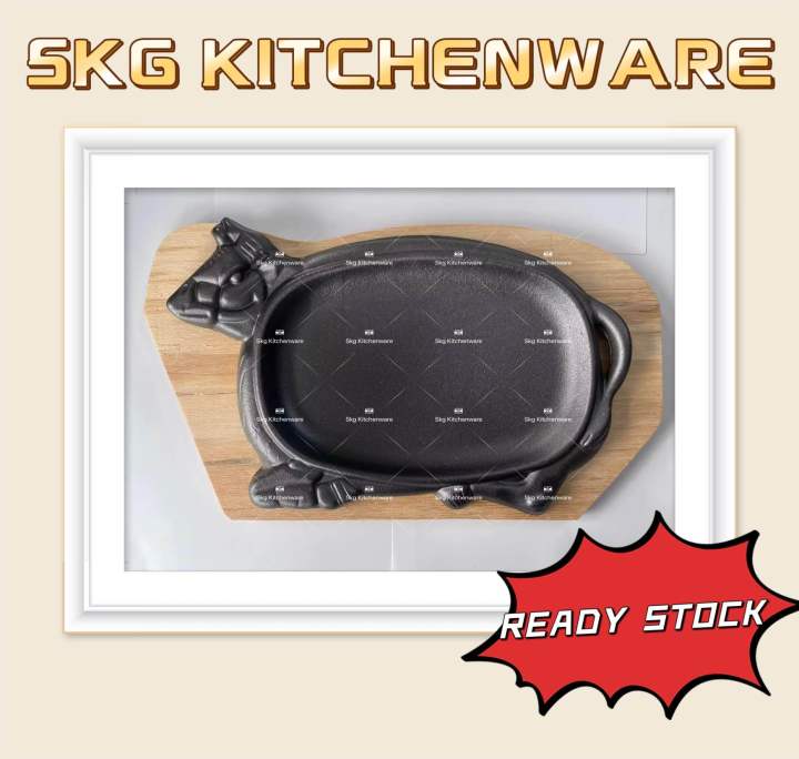 Cast Iron Cow Shape Sizzling Steak Plate With Wooden Board 牛型鐵板 | Lazada