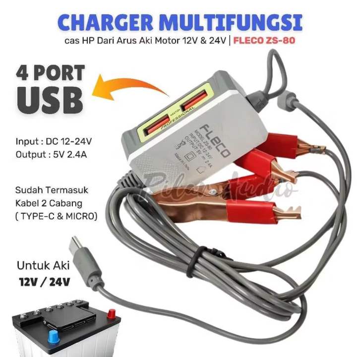 Charger HP Dari Arus Aki Casan HP Dari Aki Motor FLECO ZS-80 4 PORT USB ...
