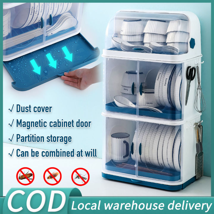 Kitchen Dish Rack With Drainer and Cover Big Double Layer Plastic Dish ...