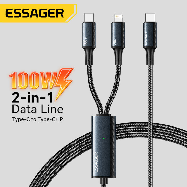 Essager 100W สาย USB C ไปเป็น Type C เพื่อให้แสงสว่าง PD ข้อมูลที่ชาร์จความเร็วสูง2 In 1สายชาร์จ ...