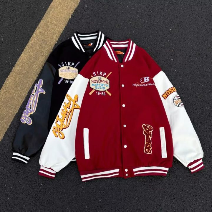 American Letter Embroidery Baseball Jacket Men's PU Leather Sleeve ...