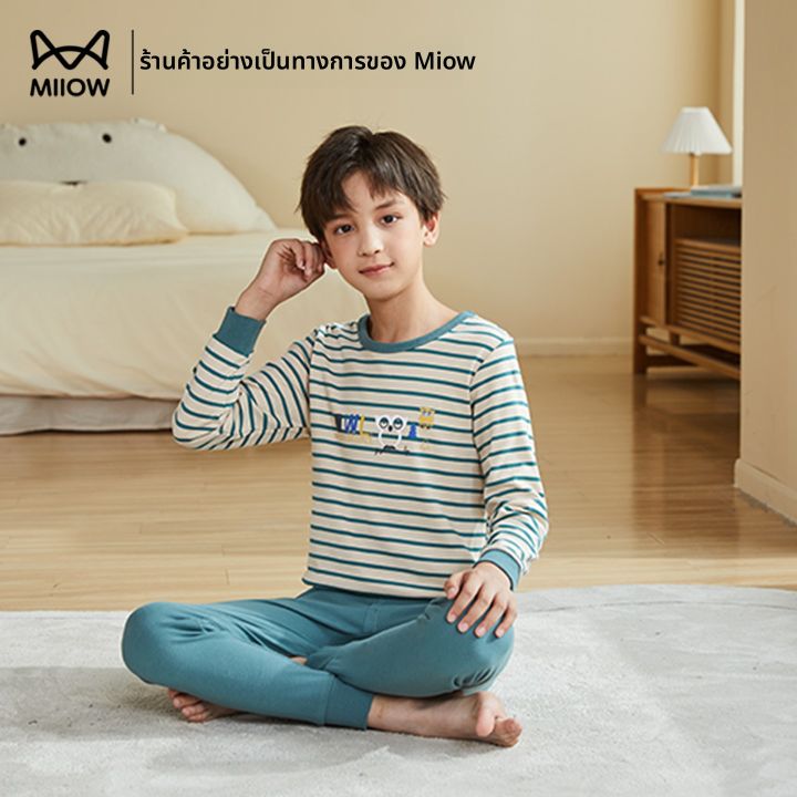 MiiOW | ชุดนอนผ้าฝ้ายสำหรับเด็กชาย ฤดูใบไม้ผลิและฤดูใบไม้ร่วง แขนยาว กางเกงขายาว เสื้อผ้าใส่อยู่ ...