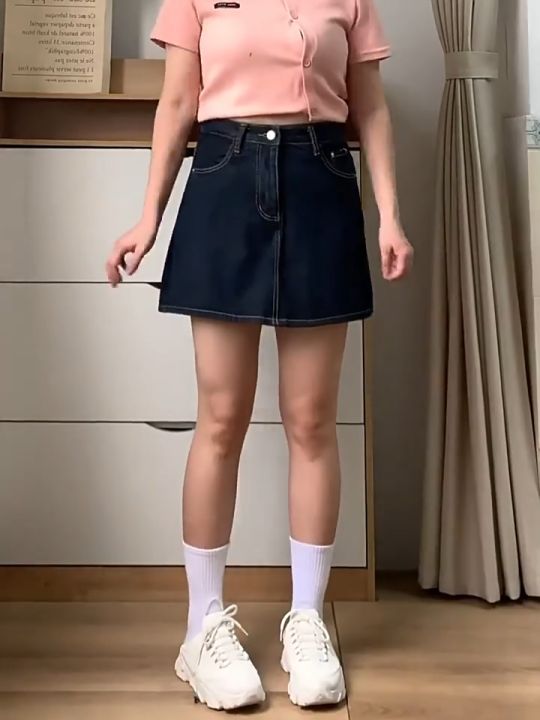 GHAOHES กระโปรงกางเกง S-5XL สาวอวบ สีน้ำเงินเข้ม วินเทจ เก็บท้อง เอวสูง สาวอวบ พลัสไซส์ กางเกง ...