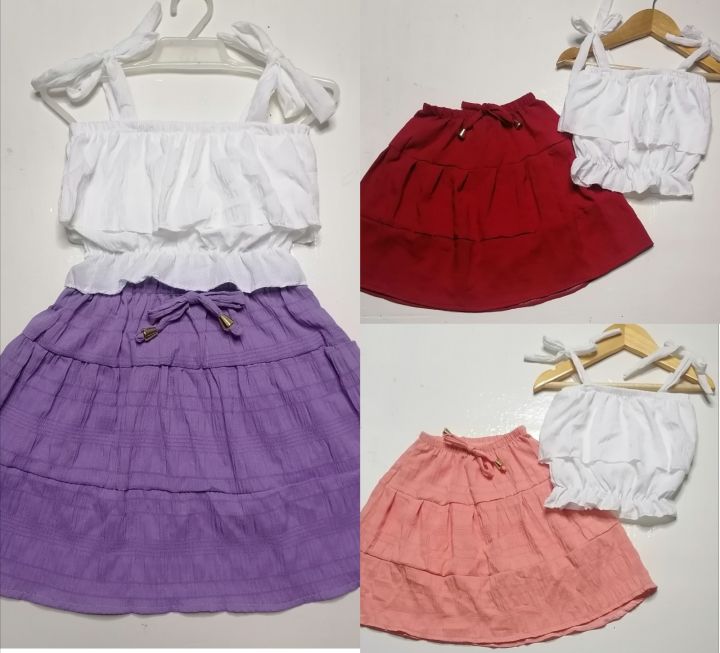 PLAIN SELF TIED CROPPED TOP WITH PLAIN COLORED LAYERED SKIRT FOR GIRLS ...