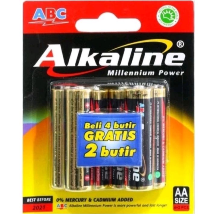 Baterai ABC Alkaline AA A2 isi 6 , 4 Bonus 2 / 4+2 / Baru Batere ...