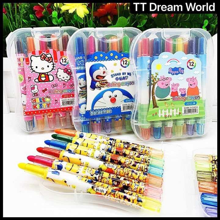 Children’s Cartoon Twistable Crayon Set (12Colours) Kids Rolling Crayon ...