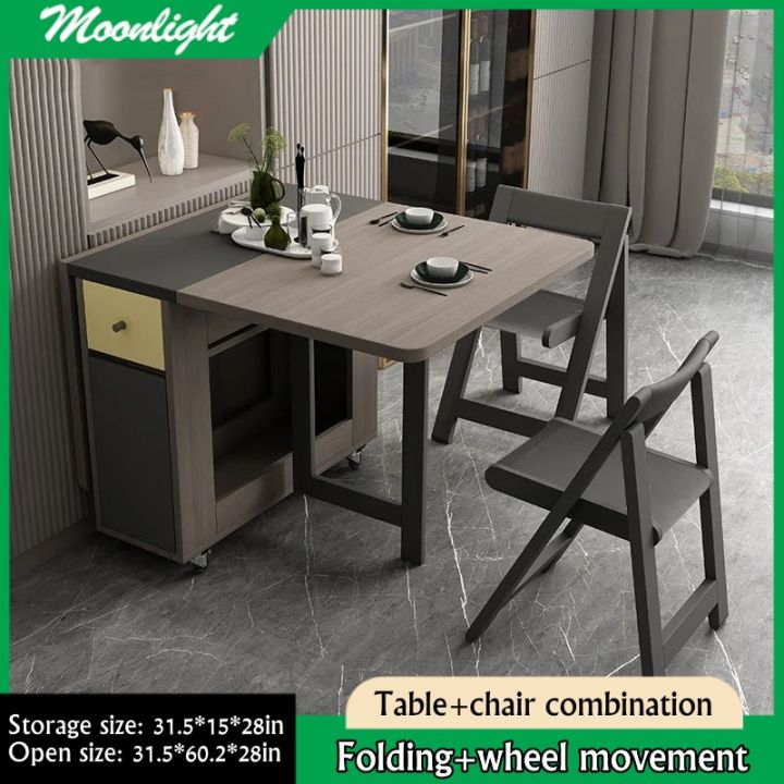 Folding Dining Table with Storage Rack and Two Storage Drawers, Movable ...