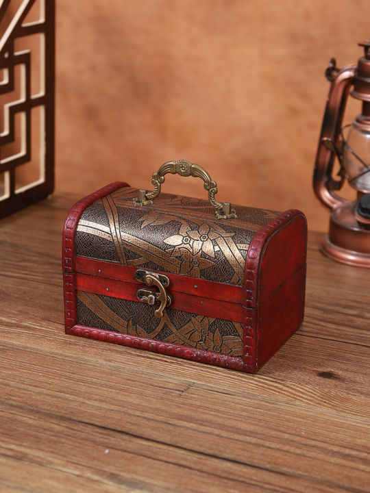 Retro Lockable Mini Box Antique Jewelry Box Wooden Storage Box Gold Bar ...