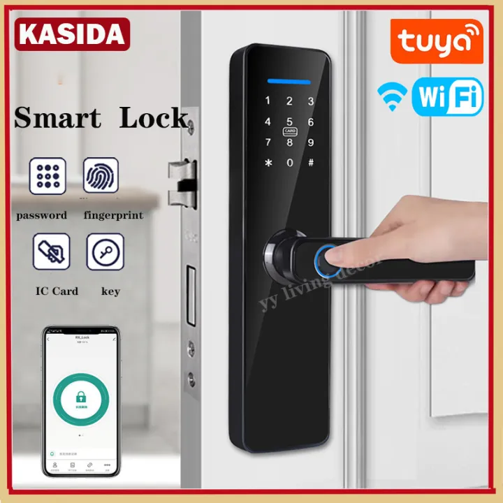 KASIDA bluetooth smart door lock main door with tuya app fingerprint ic card password key ...