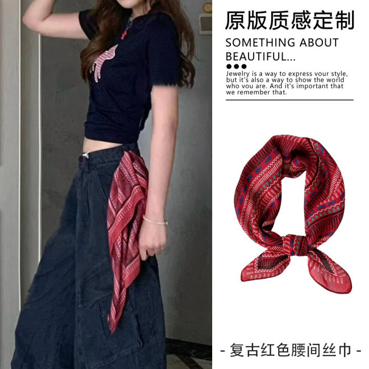 Red Cotton Linen Waist Scarf Belt Women's Fashion Design Small Square ...