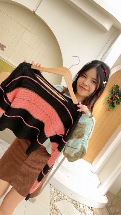 CL-033 เสื้อครอปไหมพรมแขนยาวลายทาง กันหนาว แฟชั่นสไตล์เกาหลี | Lazada.co.th