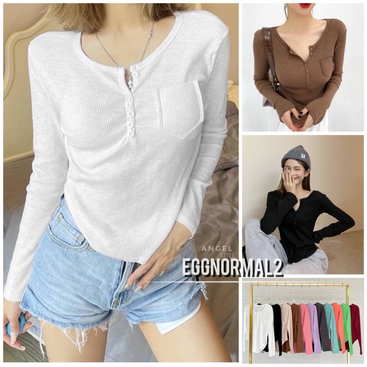 MYTOPSHOP 🌈 T99 เสื้อคร๊อบคอกลมกระดุมแขนยาว ผ้าร่องสล๊าฟ | Lazada.co.th