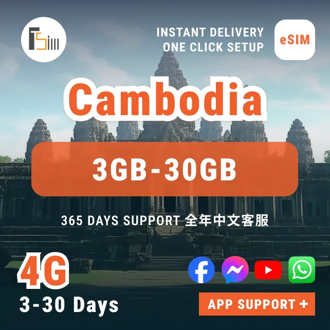 Cambodia 5G eSIM: 3/5/7/10/15/30 Days Total: 3GB/5GB/10GB/20GB/30GB | QR Code Email Instant ...