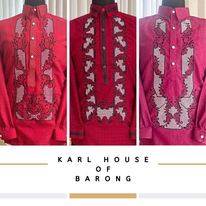 Long Sleeves. Polo Barong With Embroidery. Modern. Red Maroon Burgundy ...