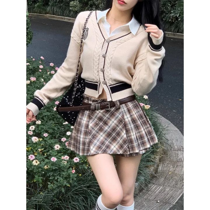 Preppy Style Knitted Cardigan Women's Two-Piece Illusion Idle Sweater ...