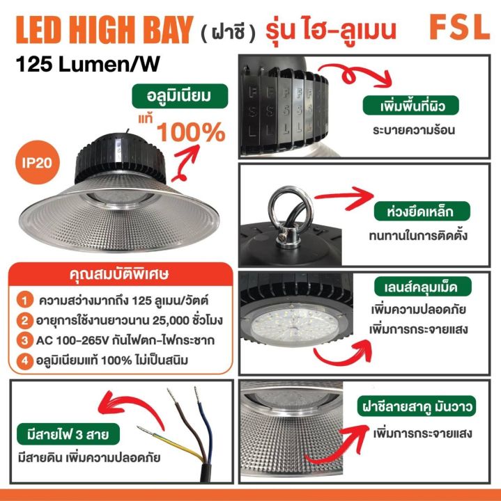 โคมไฮเบย์ LED ยี่ห้อ FSL / HIGH BAY LED (ทรงฝาชี) 125 ลูเมน/วัตต์ แสงเด ...