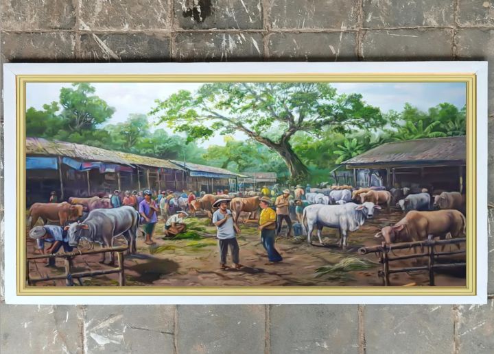 hiasan dinding lukisan cetak pasar sapi tradisional plus bingkai ukuran ...