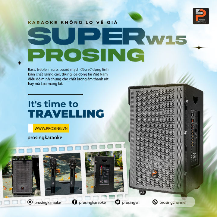 Loa di động cao cấp ProSing W15 - Super (Kết nối Bluetooth, AUX, 2 Micro cao cấp UHF, thùng sơn ...