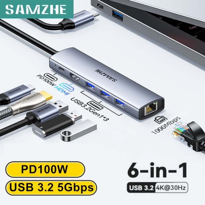 SAMZHE 6 in 1 USB C HUB Type-C to HDMI 4K30Hz PD100W Docking Station ...