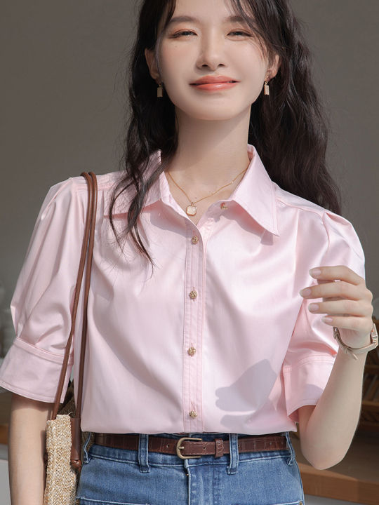 French Style Bubble Sleeve Light Pink Shirt Women's Summer New Formal ...