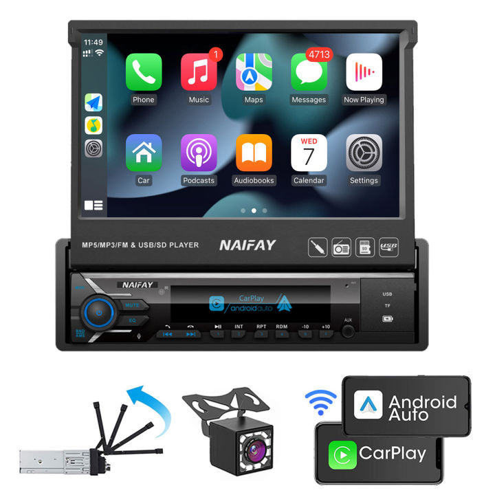 7 Inch Car Radio 1 Din Retractable Touchscreen Android Auto Carplay Car ...