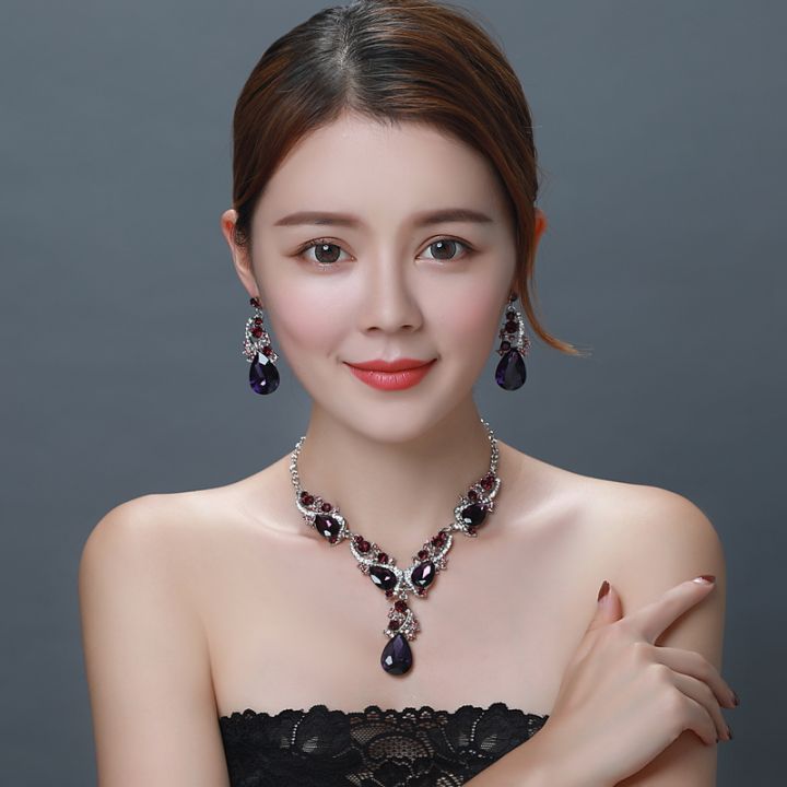 Water Drop Purple Crystal Jewelry Set For Women Purple Diamond Necklace ...
