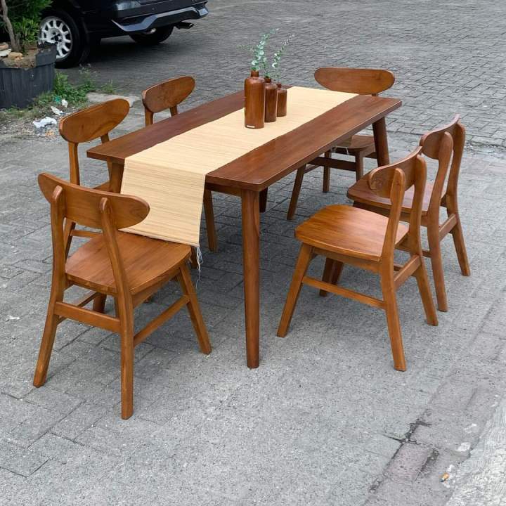 Meja makan minimalis ropan modern kayu jati 6 kursi | Lazada Indonesia
