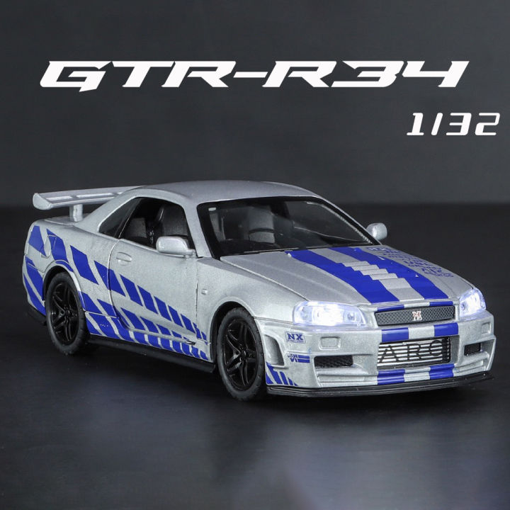 โมเดลรถ R34รถโลหะผสม Nissan GTR ไฟเสียงรถ Diecast รถคนรักของสะสมวันเกิด ...