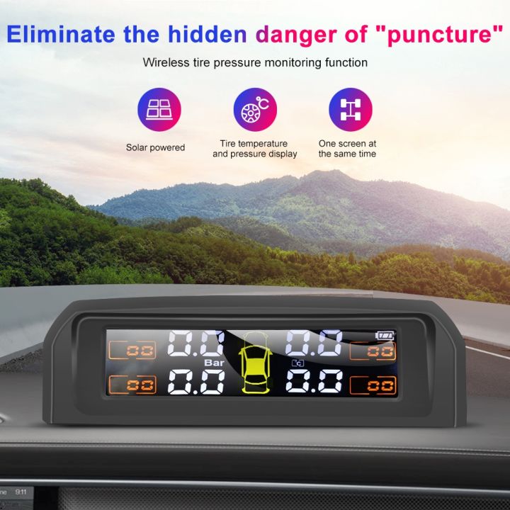 TPMS Car Tire Pressure Alarm Monitor System Real-time Display Attached to glass wireless Solar ...