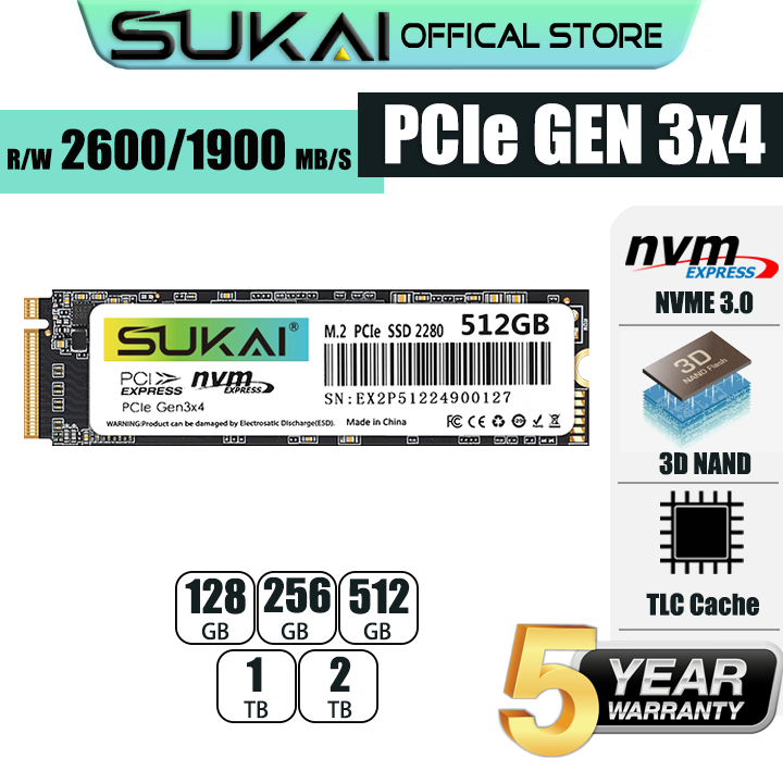 SUKAI SSD NVMe M.2 2280 PCle 3.0x4 Up to 2600MB/s 3D NAND TLC 128/256 ...