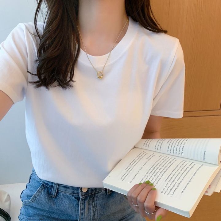 เสื้อยืดแขนสั้นผู้หญิง Han Jianna ผ้าฝ้ายสีขาว สไตล์การทํางาน คอกลม การ ...