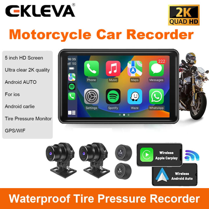 EKLEVA Wireless Apple CarPlay Dual Bluetooth DVR for Motorcycles 5" IPS ...