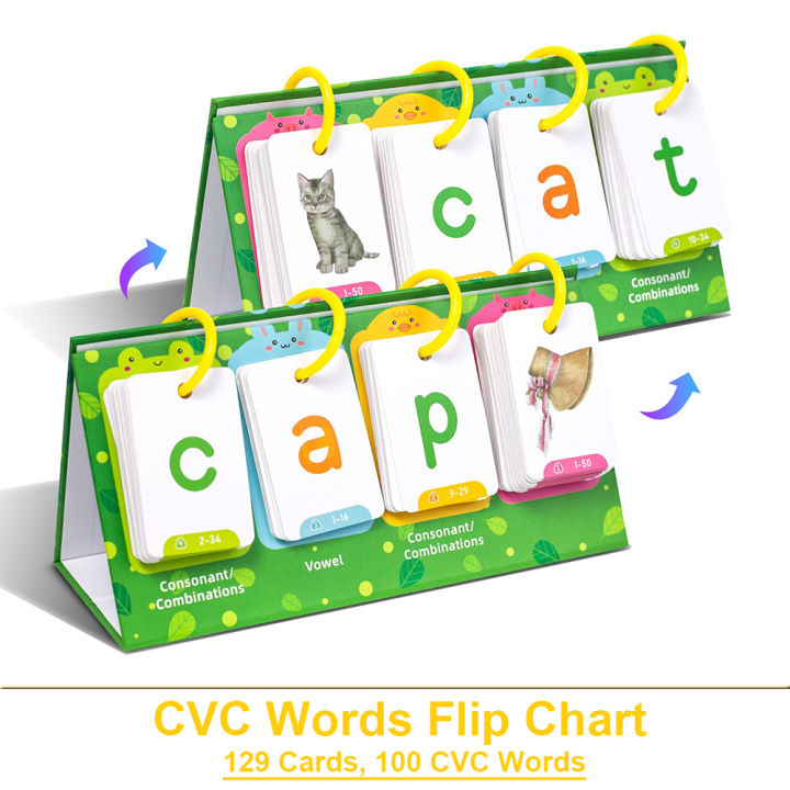 Kids CVC Words Flashcards Phonics Flip Chart Word Builder Sight Words ...