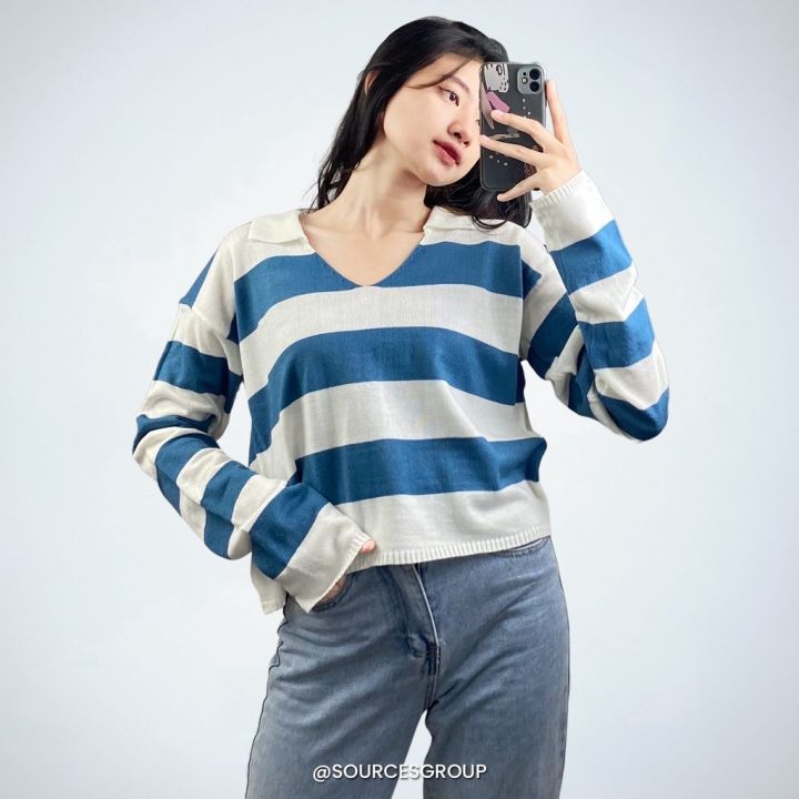 Sweater Fuji CropTop Knit Kerah Blaster Atasan Rajut Wanita Blouse ...