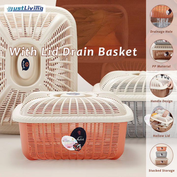 JustLiving 1PC Fruit Basket with Cover Drain Basket Storage Box Plastic ...