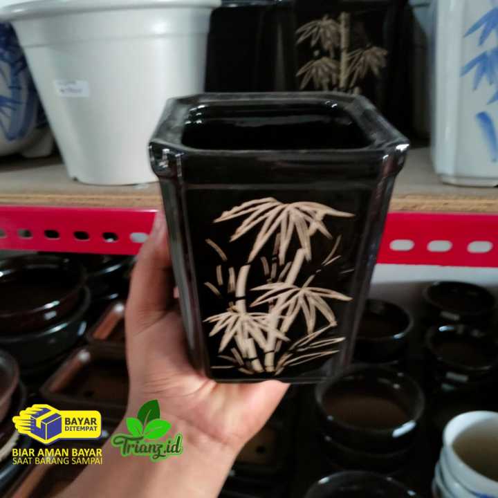 pot bonsai kotak tinggi keramik motif bambu hitam ukuran 15 | Lazada ...