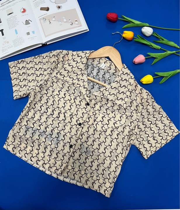 (งานป้าย Pina Store พร้อมส่ง) เสื้อครอปเชิ้ต คอปกกระดุมหน้า แขนสั้นแต่ง ...